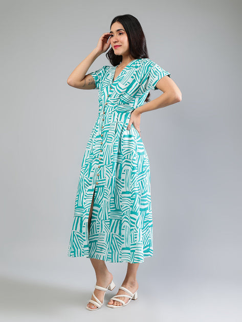 Teal Cotton Printed Dress – Peppinos Clothing