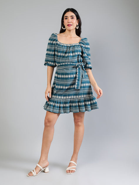 Teal Cotton Dress With White Schiffli Detailing – Peppinos Clothing