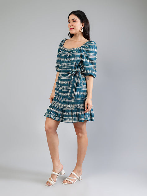 Teal Cotton Dress With White Schiffli Detailing – Peppinos Clothing