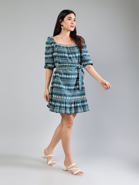 Teal Cotton Dress With White Schiffli Detailing – Peppinos Clothing