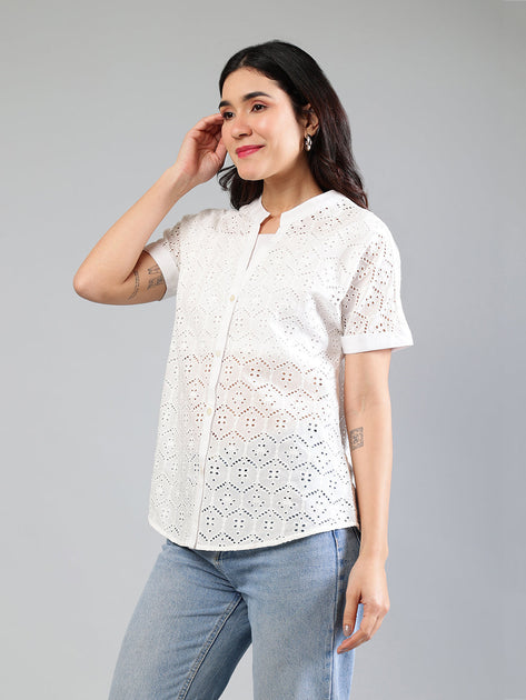 White Cotton Schiffli Shirt – Peppinos Clothing