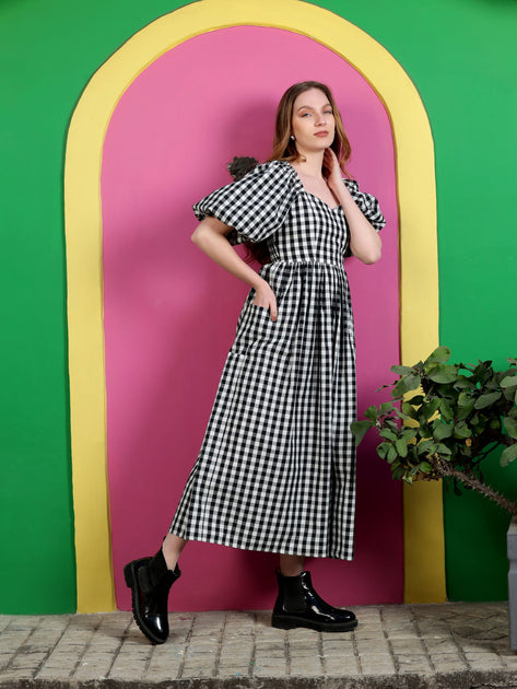 Black Gingham Check Balloon Sleeve Dress – Peppinos Clothing