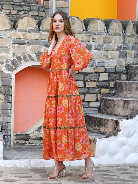 Orange Floral Multi Tiered Dress – Peppinos Clothing