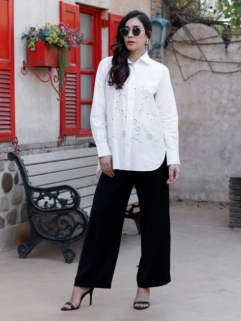 White Embroideried High Low Shirt – Peppinos Clothing