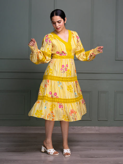 V-Neck Tiered Dress with Full Puff Sleeves and Floral Stripe Print Pat ...
