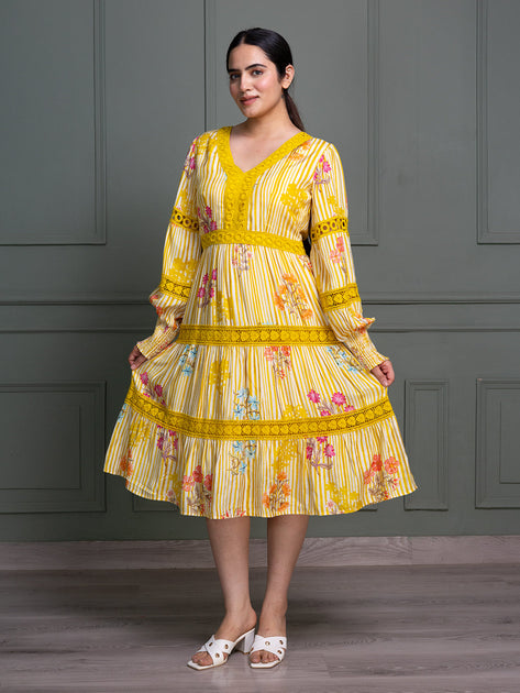V-Neck Tiered Dress with Full Puff Sleeves and Floral Stripe Print Pat ...