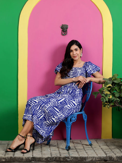 Blue Smoked Maxi Dress With Ballon Sleeve – Peppinos Clothing