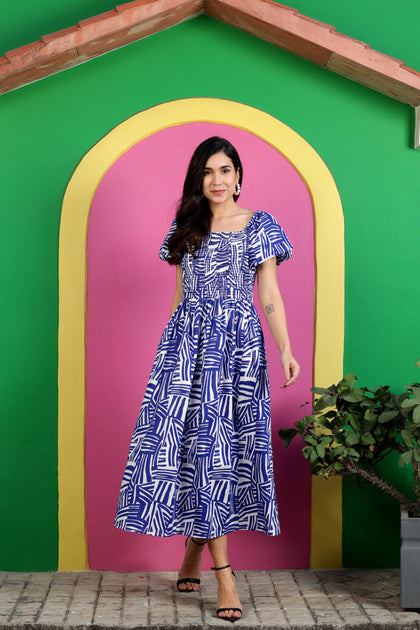 Blue Smoked Maxi Dress With Ballon Sleeve – Peppinos Clothing
