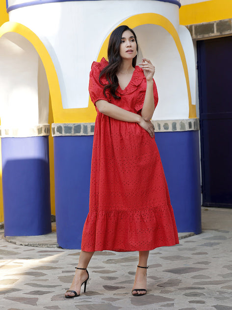 Red Embroidered Schiffli Dress – Peppinos Clothing