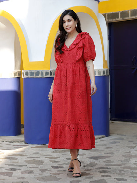 Red Embroidered Schiffli Dress – Peppinos Clothing