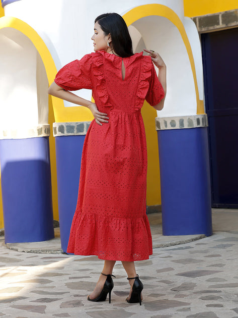 Red Embroidered Schiffli Dress – Peppinos Clothing