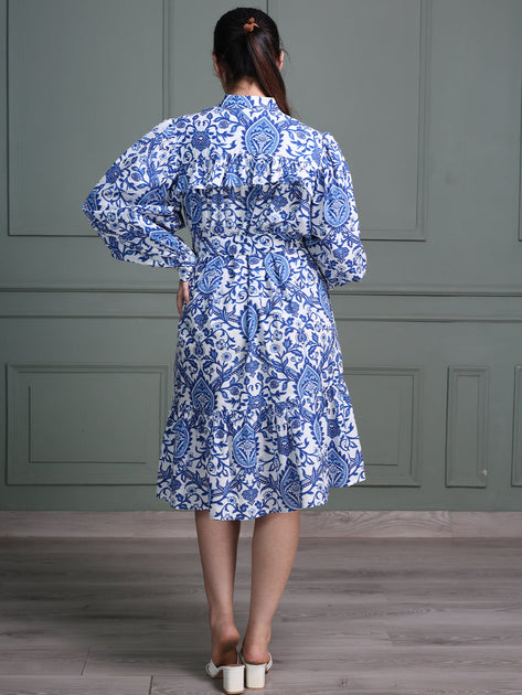 Mandarin Neck Dress with Full Puff Sleeves and Floral Paisley Print ...