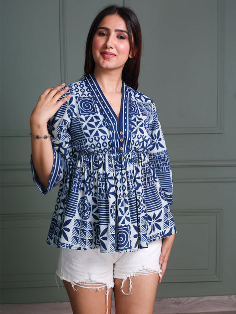 Indigo Handblock Peplum Top with Bell Sleeves – Peppinos Clothing